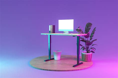 스탠딩 데스크가 있는 나무 연단에 있는 단일 격리된 컴퓨터 작업 공간 프리랜서 및 홈 오피스 개념 3d 일러스트레이션 0명에 대한 스톡 사진 및 기타 이미지 Istock