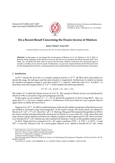 Pdf On A Recent Result Concerning The Drazin Inverse Of Matrices