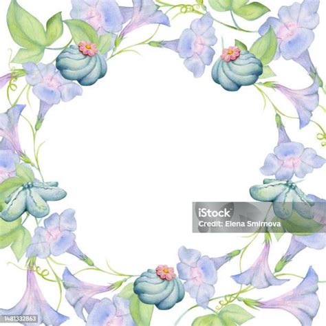 수채화 손으로 그린 일본 전통 과자 여름 와가시의 사각형 프레임 나팔꽃 흰색 배경에 격리 초대장 레스토랑 메뉴 인사말 카드 인쇄 섬유 디자인 0명에 대한 스톡 벡터 아트 및