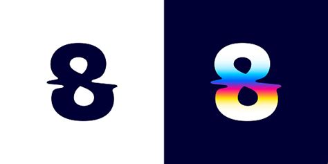 8 로고 색상 결함이 있는 8번 네온 이중 노출 스타일 홀로그램과 환상 효과가 있는 여러 가지 빛깔의 그라데이션 기호 8에 대한