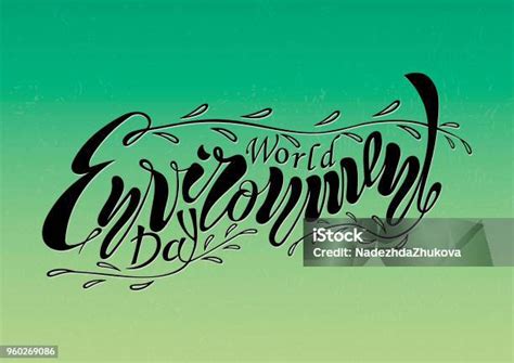 아름 다운 손으로 쓴된 텍스트 6 월 5 일 세계 환경의 날 이다 질감된 효과 개체 나뭇가지와 나뭇잎 포스터 엽서 배너 벡터 일러스트 레이 션 World