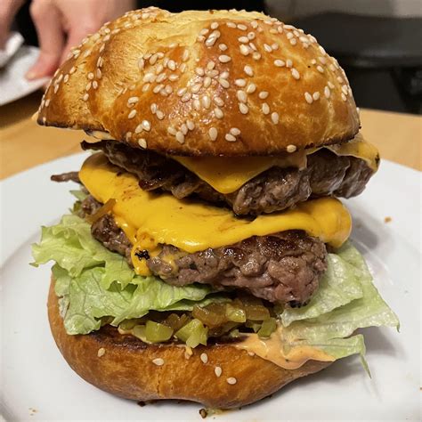 Homemade Double Cheese Smash Burgers With Brioche Buns Relish And