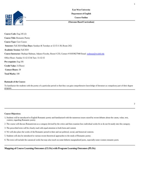 Eng 245 Course Outline Obe Pdf Samuel Taylor Coleridge Poetry