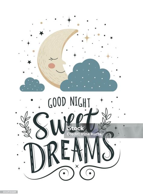 캘리그래피 굿나잇과 달콤한 꿈 손으로 그린 글자가 있는 포스터 또는 카드 템플릿입니다 별이 있는 구름 위에서 자고 있는 달 카드 포스터 베개 인쇄에 적합합니다 흰색 배경에