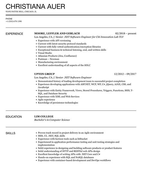 Senior Net Software Engineer Resume Samples Velvet Jobs