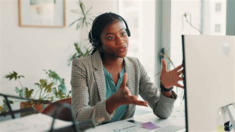 Computer Black Woman And Virtual Assistant In Office With Headset For