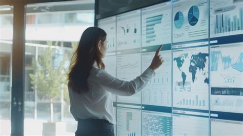Premium Photo Professional Woman Analyzes Data On Interactive Screens