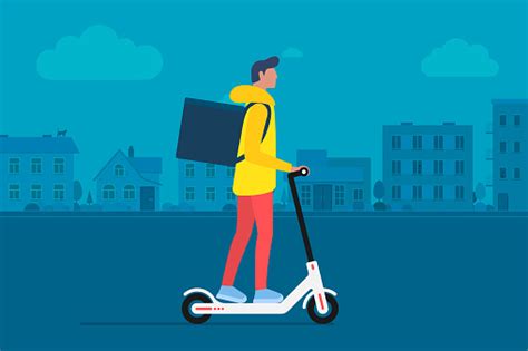 택배 제품 상자와 전기 스쿠터를 타고 배달 젊은 남성 택배 도시 거리에 빠른 배송 서비스 개념 도시 경관에 대한 벡터 일러스트레이션 전기 스쿠터에 대한 스톡 벡터 아트 및