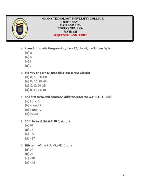 Questions On Sequences And Series Pdf Science Mathematics