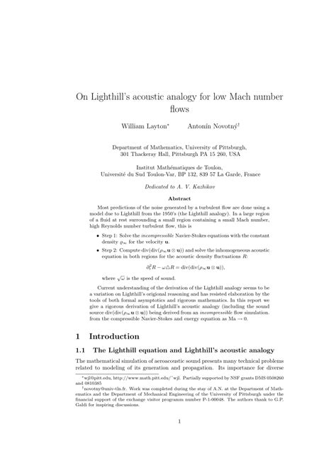 Pdf On Lighthills Acoustic Analogy For Low Mach Number Flows
