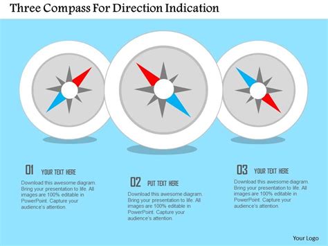 Three Compass For Direction Indication Flat Powerpoint Design Template Presentation Sample