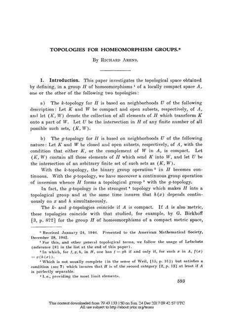 Arens 1946 Topologies For Homeomorphism Groups Pdf Compact Space Group Mathematics