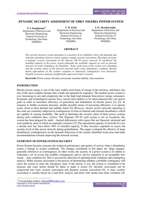 Pdf Academic Research International Dynamic Security Assessment Of 330kv Nigeria Power System