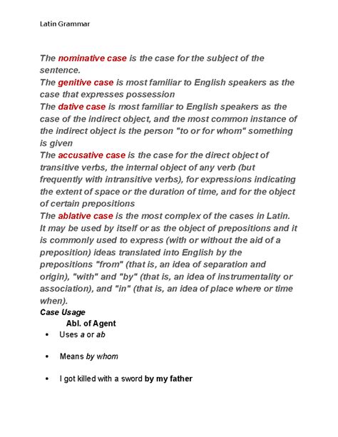 Latin Grammar The Nominative Case Is The Case For The Subject Of The