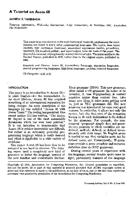 Pdf A Tutorial On Algol 68