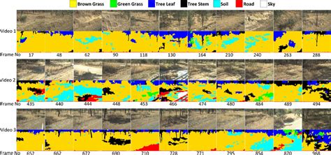 segmentation results of frame samples from three videos each row