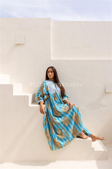 Blue Tiger Stripe Cotton Gauze Dress Block Print Midi Etsy