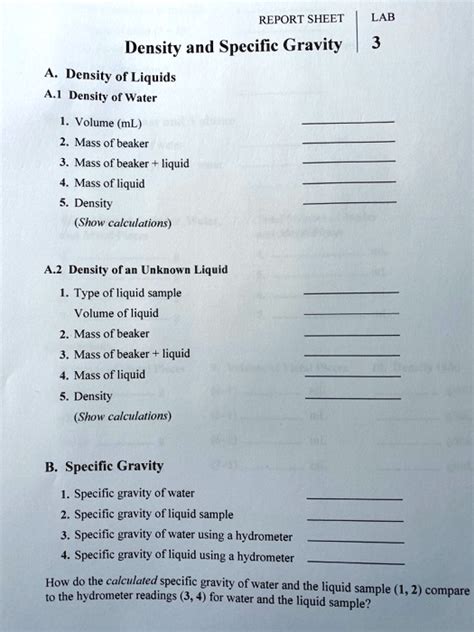 SOLVED REPORT SHEET Density And Specific Gravity Density Of Liquids Density Of Water LAB Volume