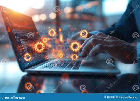 digital transformation with gears and data visualization on laptop person is typing symbolizing