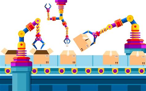 산업 자동화 조립 라인의 로봇 팔 기술 자동화 된 로봇 팔 판지 상자에 제품을 포장하기위한 로봇 컨베이어 벨트 삽화