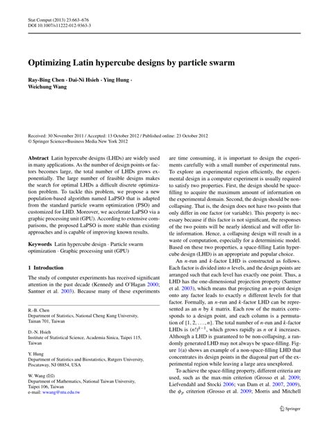 Pdf Optimizing Latin Hypercube Designs By Particle Swarm