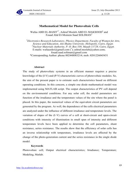 Mathematical Model For Photovoltaic Cells