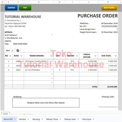 Jual Template Gsheets Purchase Order Po Otomatis Simpan Ke Arsip Rekap Dan Export Ke Pdf