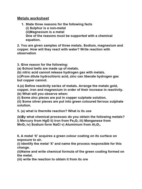 Metals Worksheet Class 10 Pdf Metals Chemical Compounds