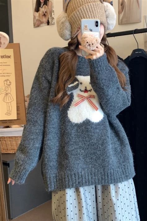 핑크프릴 니아 강아지 자카드 라운드넥 긴팔 니트 스웨터