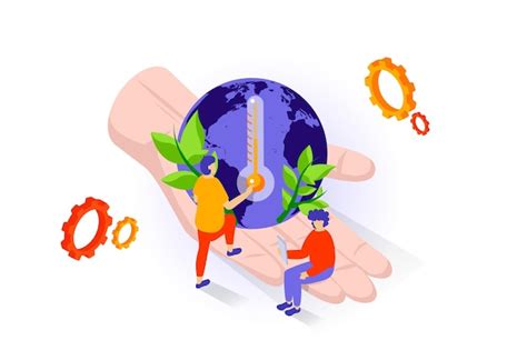 3d 아이소메트릭 디자인의 에코 라이프스타일 개념 지구 온난화와 기후 변화에 맞서 싸우는 사람들은 환경 친화적인 기술을