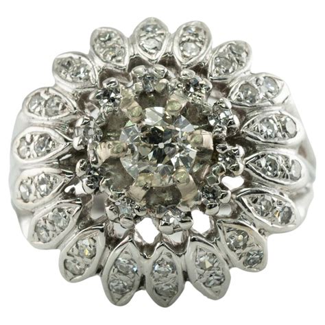 Vintage Old European Cut Diamond Flower Cluster Ring In 14 Karat Yellow Gold For Sale At 1stdibs
