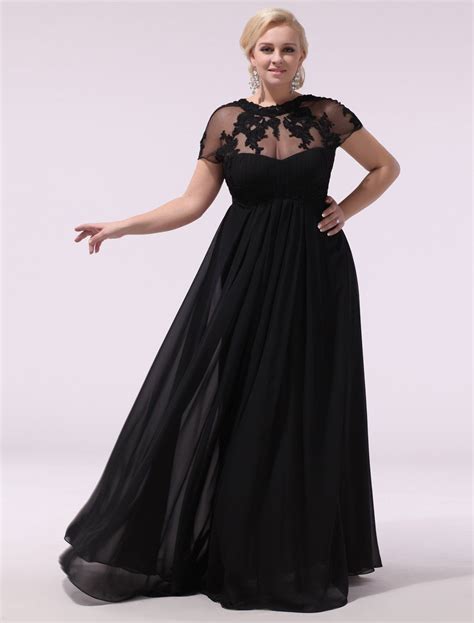 Black Evening Dresses Plus Size Evening Dress Chiffon Lace Applique