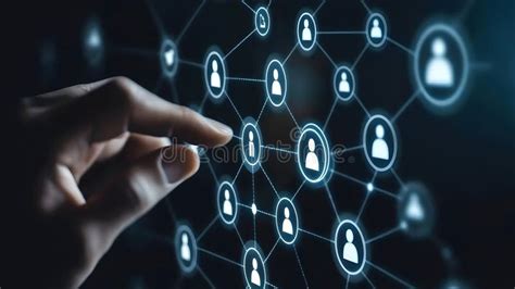 Hand Interacting With Digital Network Of Human Icons Social Media And Communication Technology