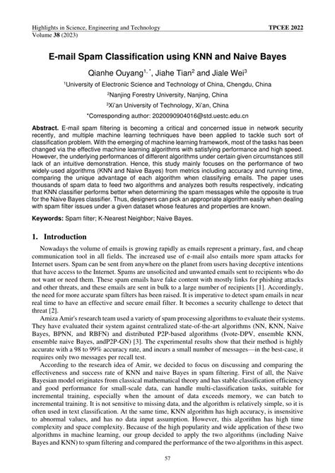 Pdf E Mail Spam Classification Using Knn And Naive Bayes