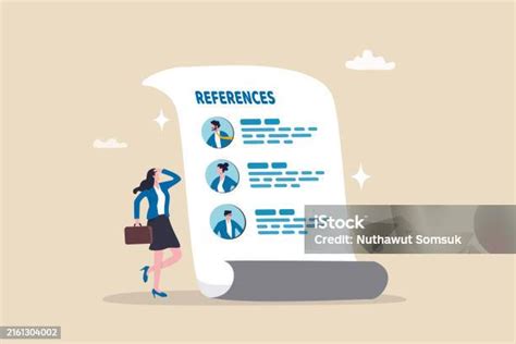 전문 추천인 이력서 추천인 후보자에 대한 근무 경험 또는 추천인 기술 보증 개념 추천인 및 업무 경험 문서가 있는 비즈니스 우먼 여자에 대한 스톡 벡터 아트 및 기타 이미지