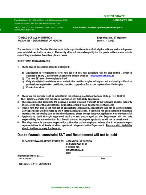 Fillable Online Postal Address H113 Sibisi Road Unit 6 Hammarsdale