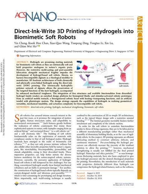 Pdf Direct Ink Write 3d Printing Of Hydrogels Into Biomimetic Soft Robots