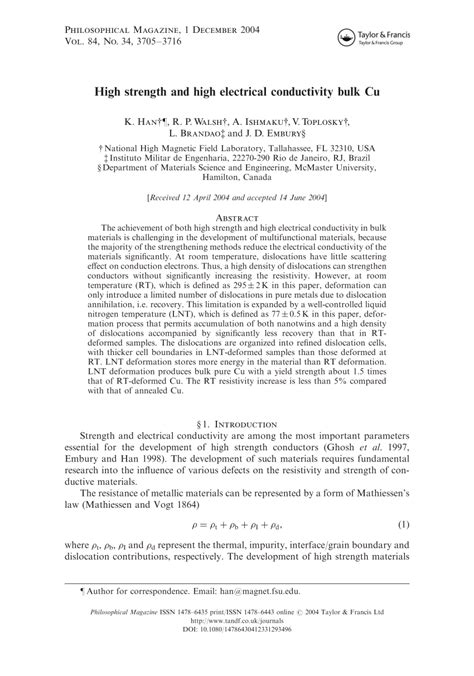 Pdf High Strength And High Electrical Conductivity Bulk Cu