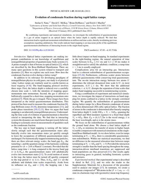 Pdf Evolution Of Condensate Fraction During Rapid Lattice Ramps