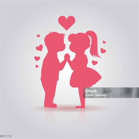 아이들의 키스 커플의 귀여운 핑크 아이콘 소년과 소녀는 키스하기 전에 손을 잡고 서있다 첫 사랑 첫 키스 영원히 함께 발렌타인 데이 사랑과 로맨스 개념 벡터 일러스트