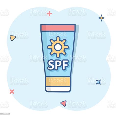 만화 스타일의 자외선 차단 아이콘 흰색 고립 된 배경에 선블록 크림 만화 벡터 일러스트레이션 Spf 케어 스플래시 효과 비즈니스