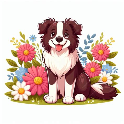 귀여운 보더 콜리 개와 꽃 터 만화 일러스트레이션 프리미엄 벡터