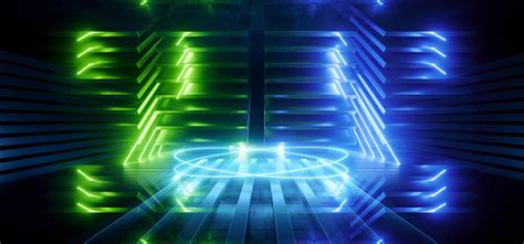공상 과학 미래 단계 네온 레이저 활기찬 사이버 룸 금속 반사 표면 구조 어두운 외계인 우주선 복도 3d 렌더링에 푸른 녹색