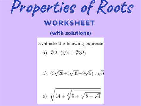 Properties Of Roots Worksheet With Solutions Teaching Resources