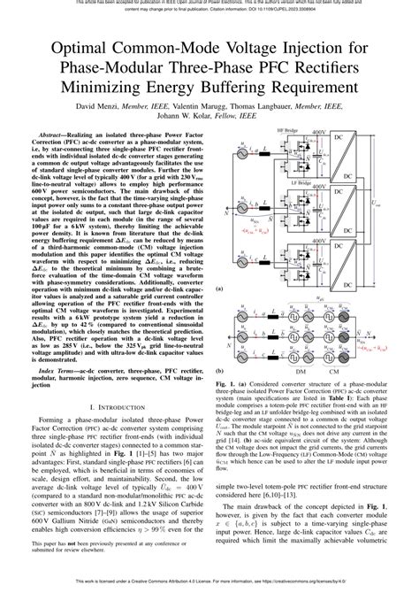 Pdf Optimal Common Mode Voltage Injection For Phase Modular Three Phase Pfc Rectifiers