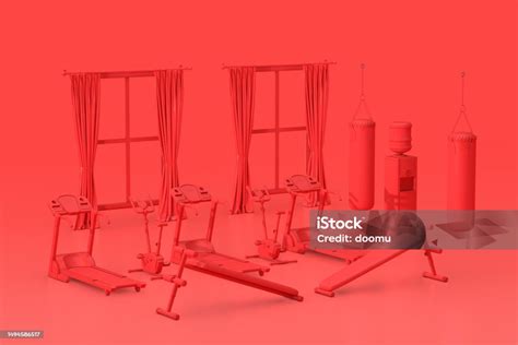 빨간색 단색 이중톤 체육관 객실 내부에는 창문 운동 벤치 권투 훈련용 펀칭백 및 러닝머신 기계가 있습니다 3d 렌더링 3차원