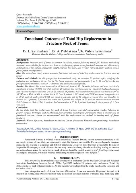 Pdf Functional Outcome Of Total Hip Replacement In Fracture Neck Of Femur