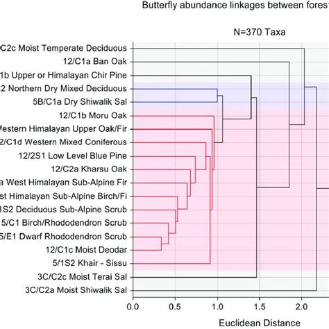 dendrogram showing hierarchical clustering of forest sub types in terms