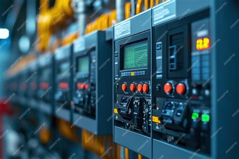 Closeup Of Industrial Electrical Control Panels With Switches Buttons
