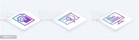 그래프 차트 그래프 차트가 있는 보드 및 이력서가 있는 컴퓨터 모니터가 있는 등산화 선 문서를 설정합니다 흰색 정사각형 버튼 벡터 마케팅에 대한 스톡 벡터 아트 및 기타